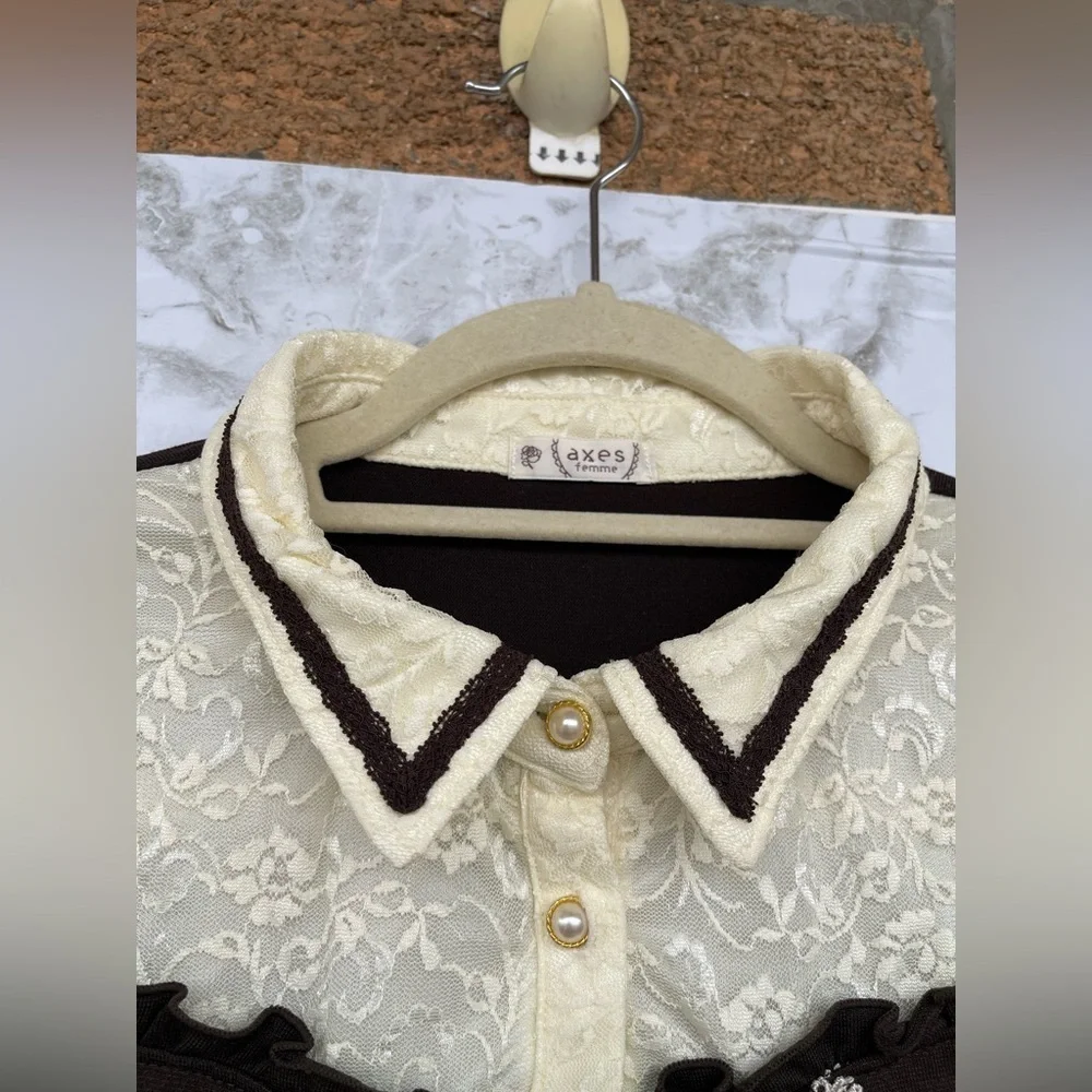 Axes Femme | Tops | Coquette Core Axes Femme Brown Cream Lace Blouse ...
